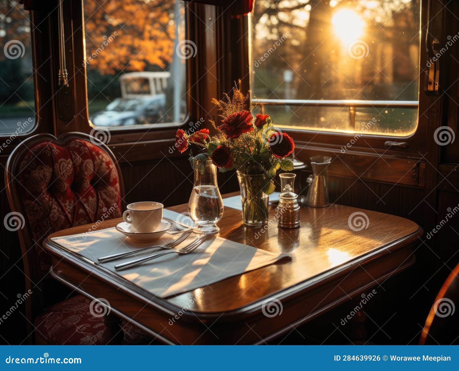 A Table, Chair and Breakfast Inside a Train in the Style of ...