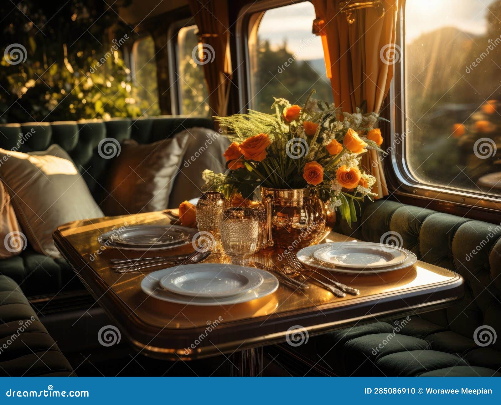 A Table, Chair And Dining Set Inside A Train In The Style Of ...