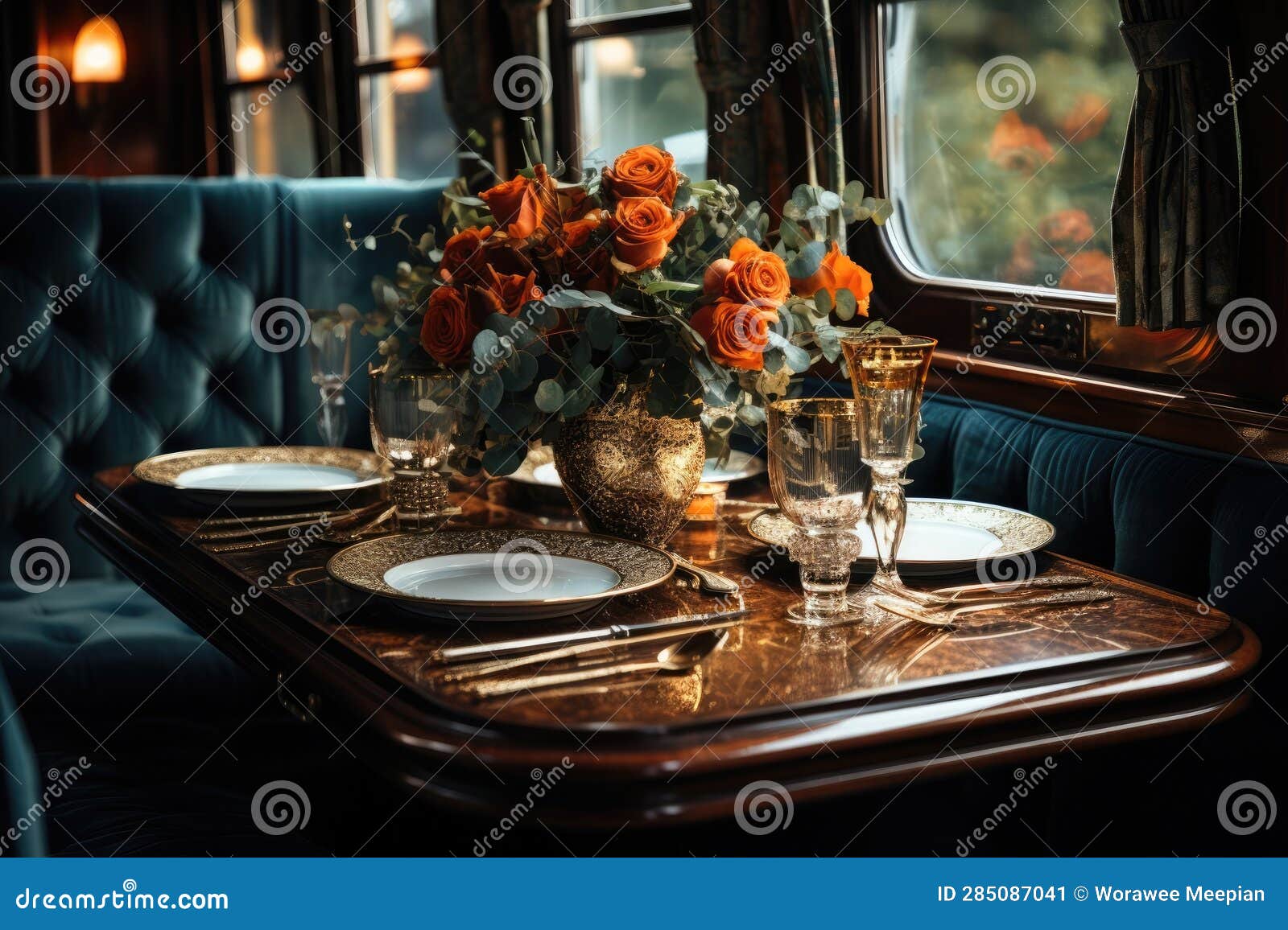 A Table, Chair And Dining Set Inside A Train In The Style Of ...
