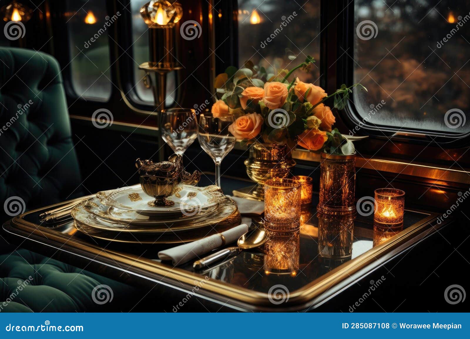 A Table, Chair And Dining Set Inside A Train In The Style Of ...