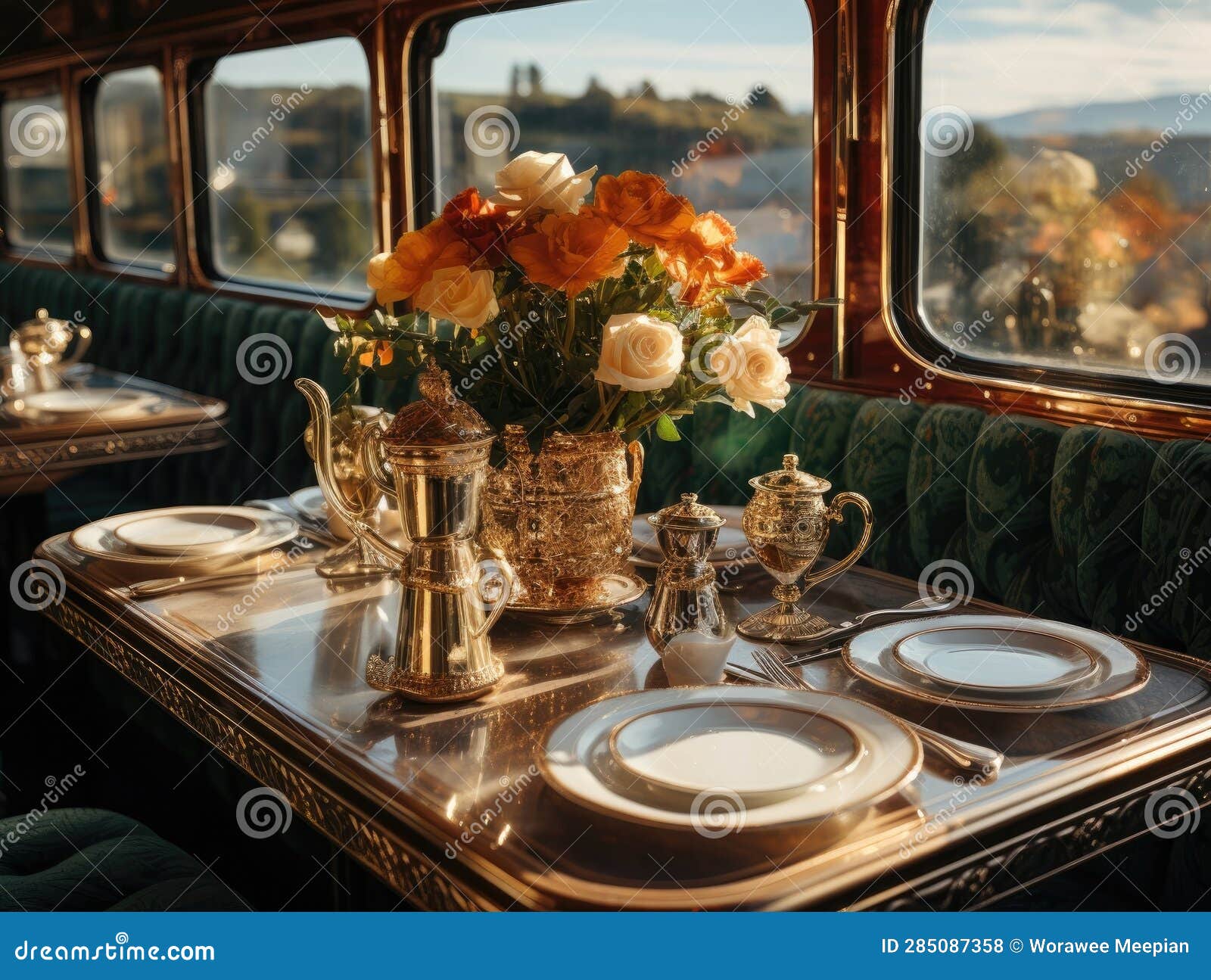 A Table, Chair and Dining Set Inside a Train in the Style of ...