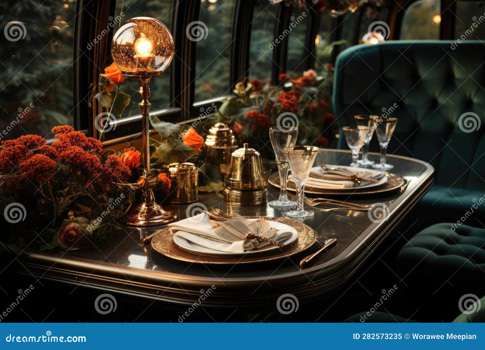A Table, Chair And Dining Set Inside A Train In The Style Of ...