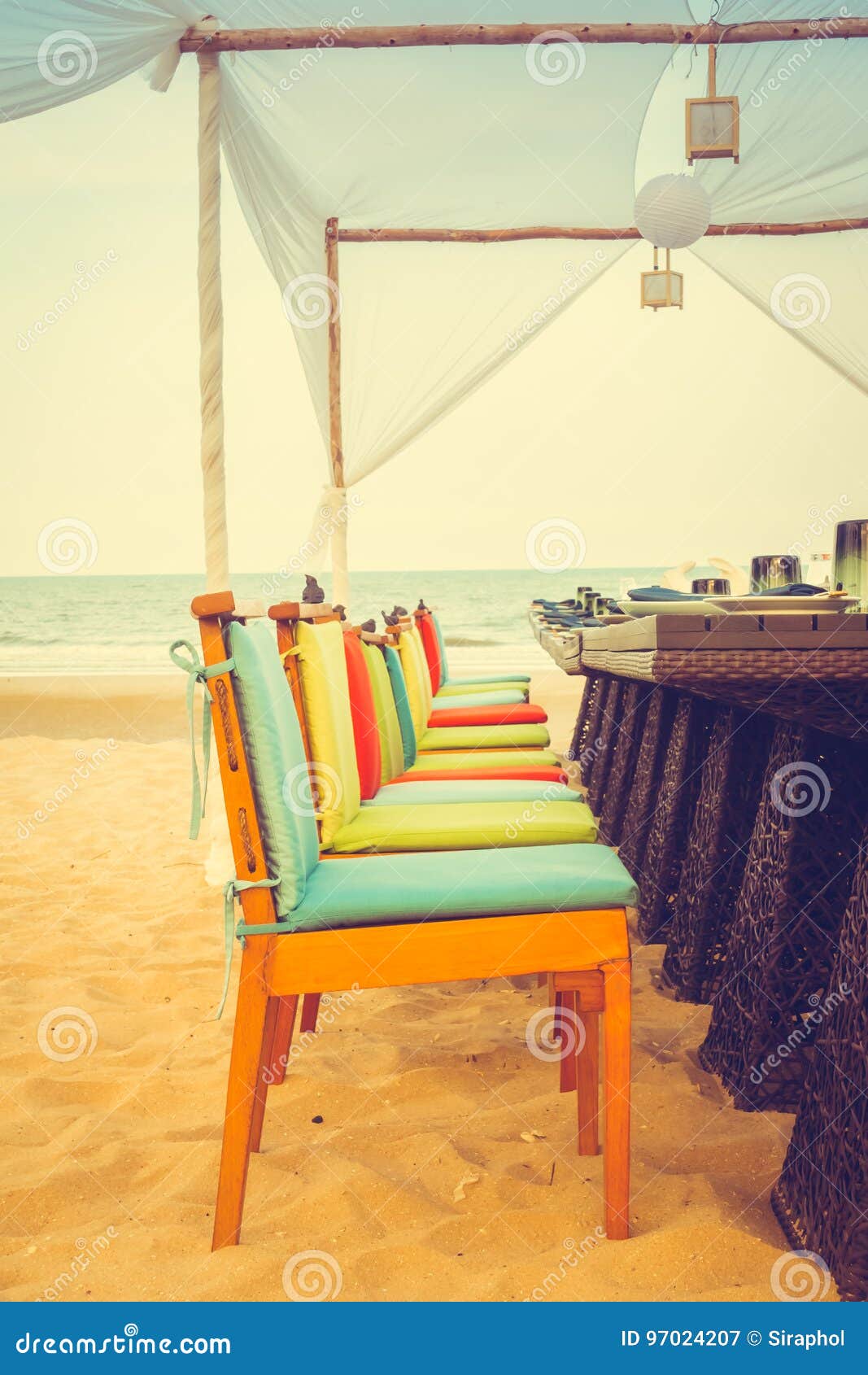 Table and Chair Set on the Beach for Dinner Stock Image - Image of ...