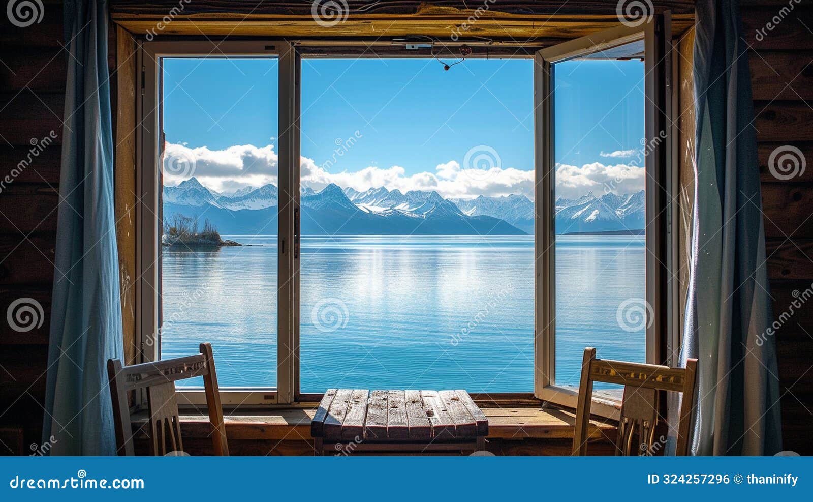 Table and Chairs in Front of a Window with a View of the Water Stock ...