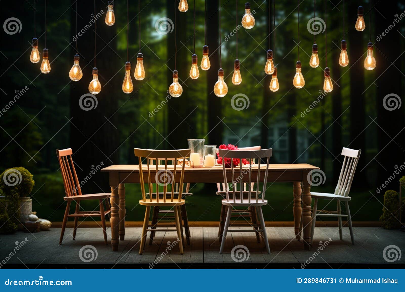 A Table with Chairs and Lights Hanging from it Stock Illustration ...