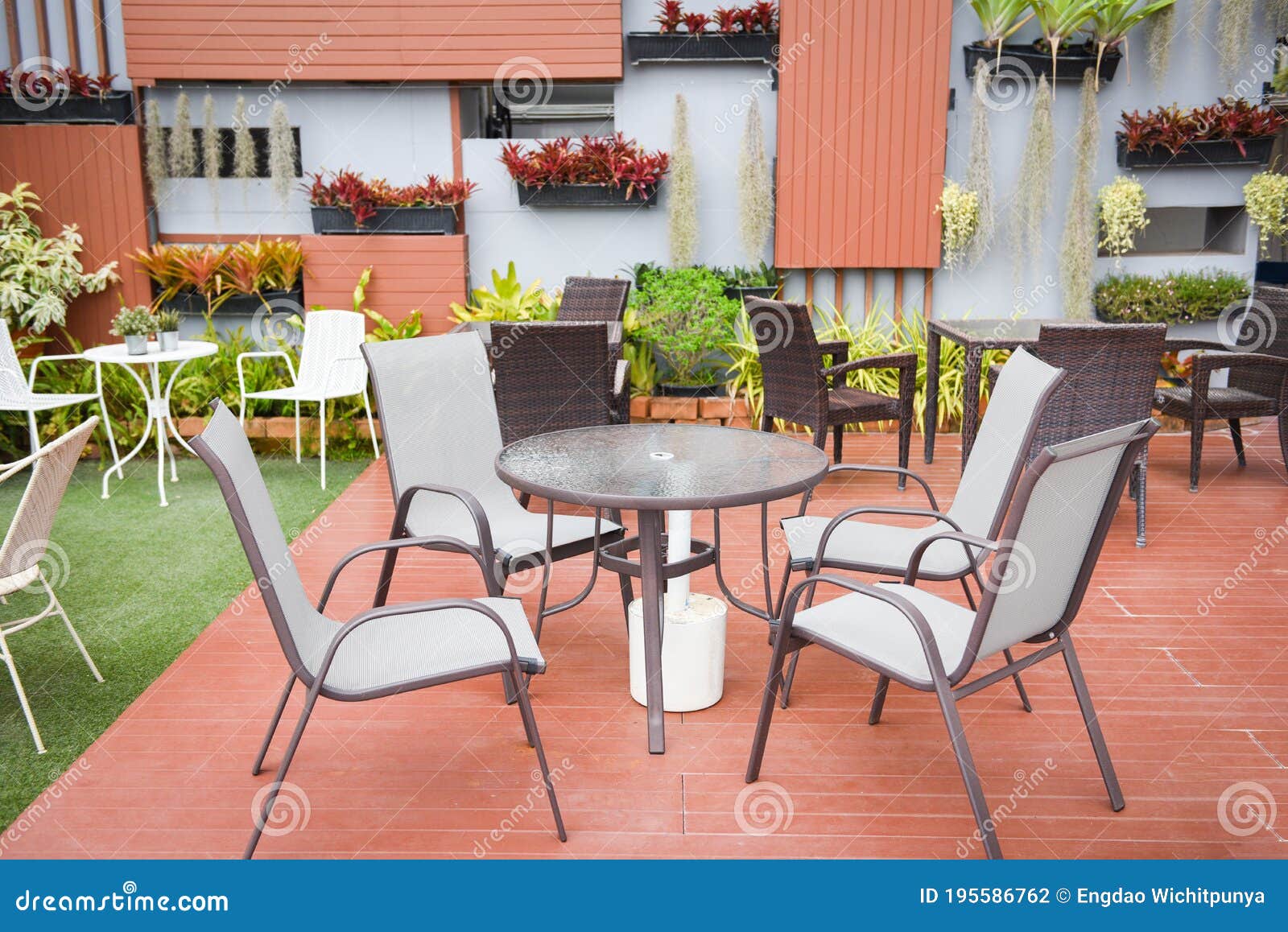 Table and Chairs Outdoor Restaurant - Set of Dining Table on Green ...