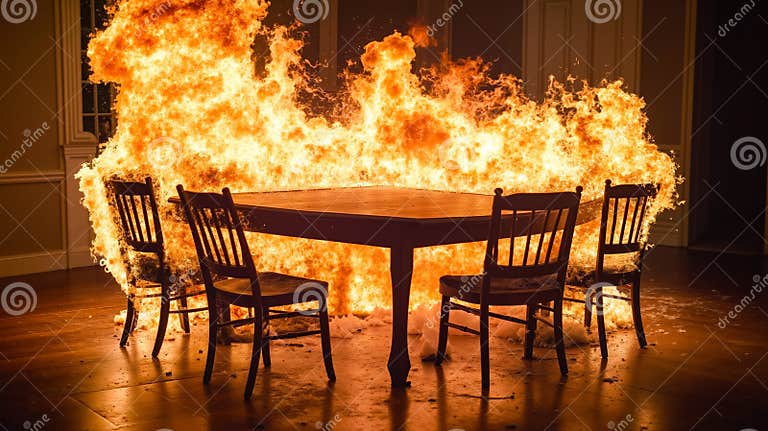 A Table and Chairs are Set on Fire in a Room Stock Photo - Image of ...