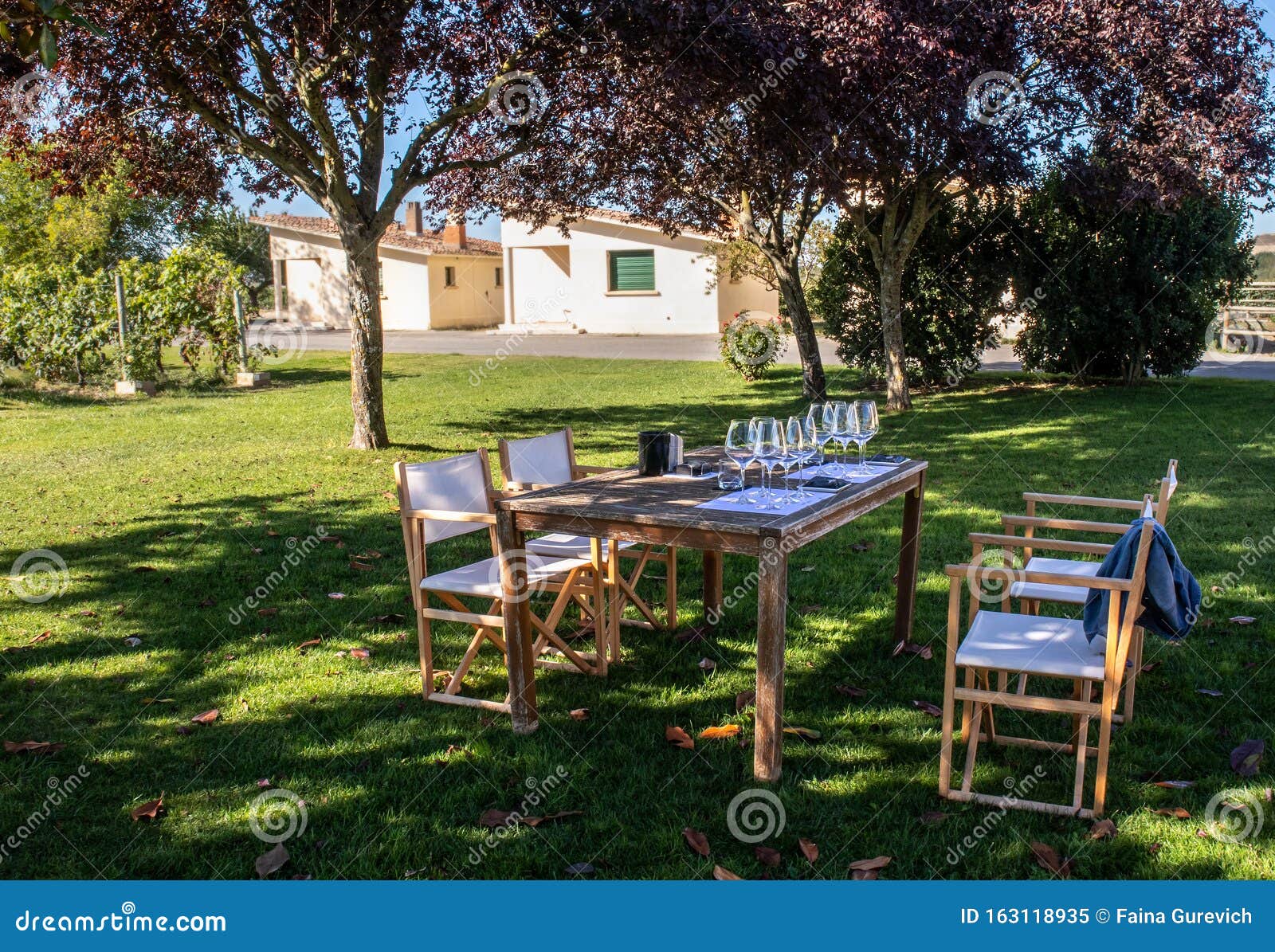 Table and Chairs Set Up Under the Trees and Prepared for the Wine ...