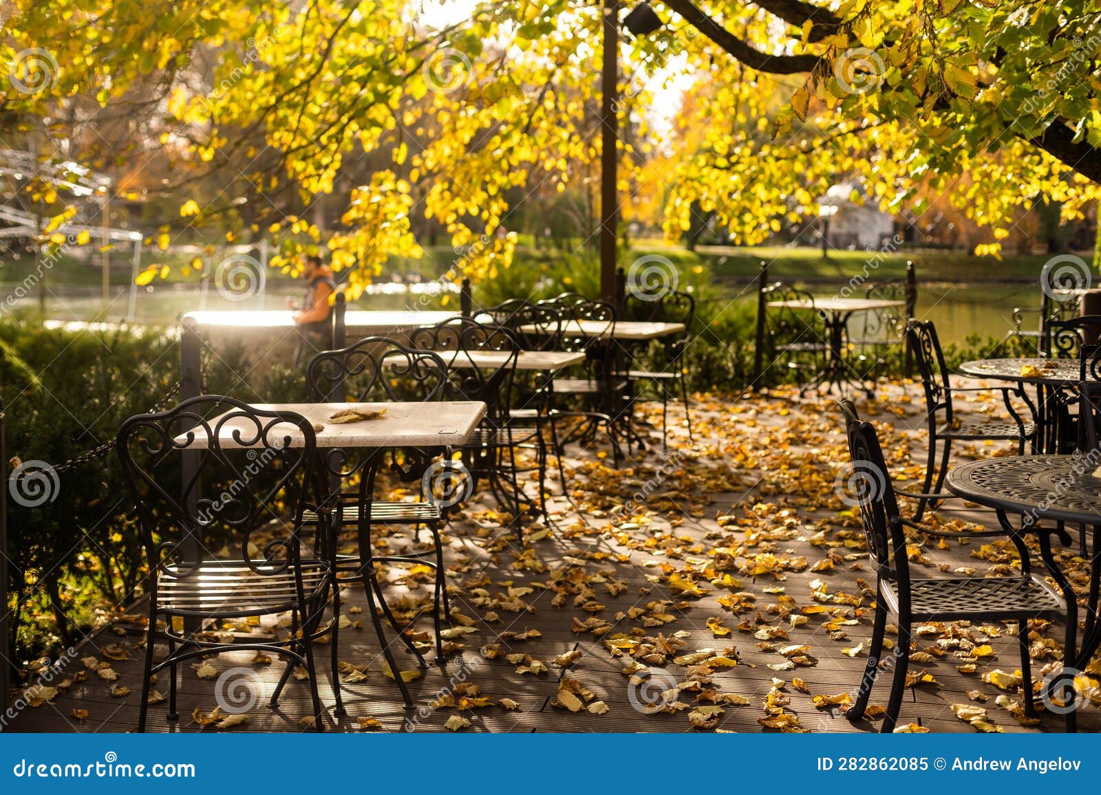 Table and Chairs of a Street Cafe in Autumn Leaves. Stock Image - Image ...
