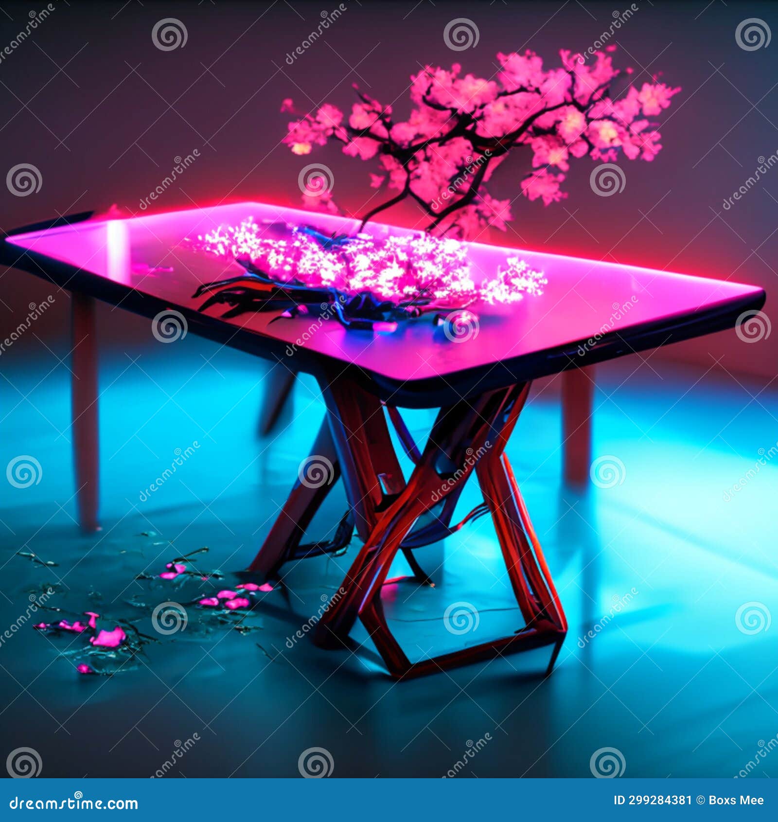 Table with Cherry Blossoms in Neon Light, 3d Rendering. Computer ...