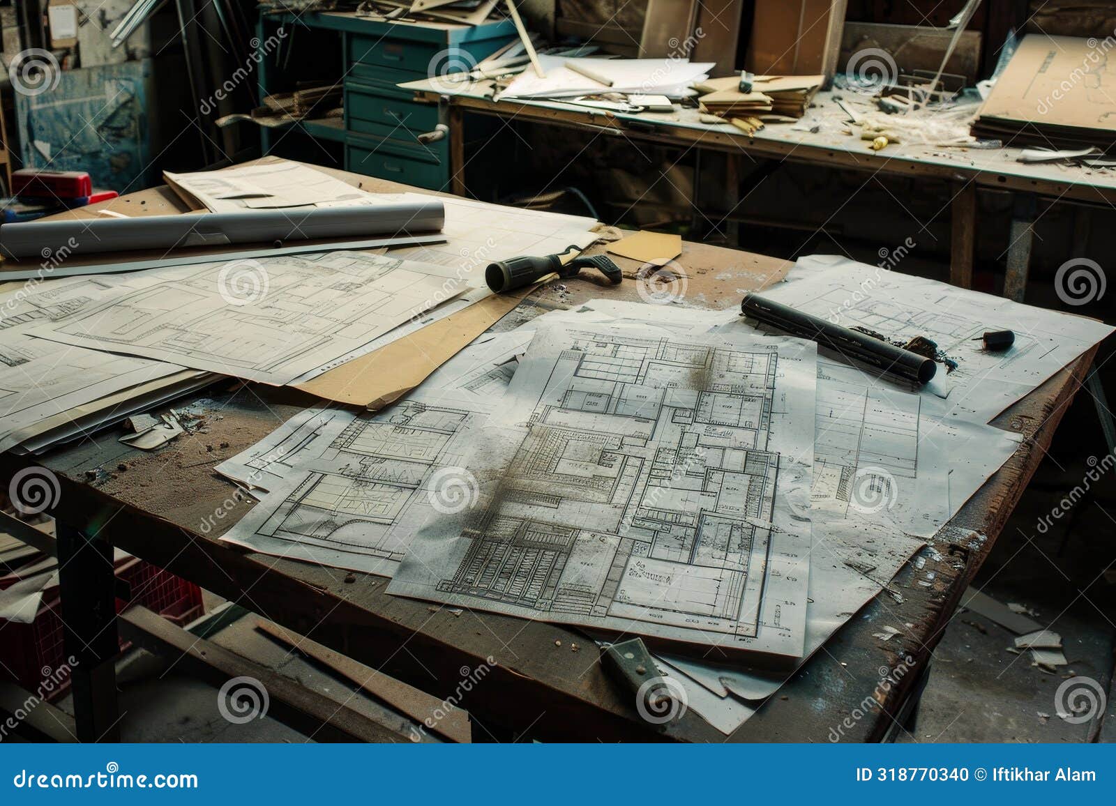 Various Blueprints Scattered Across A Wooden Table In Disarray ...