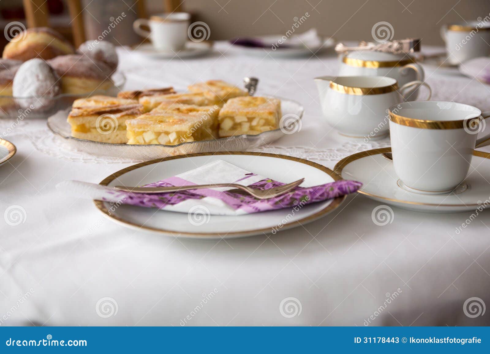 Table with Coffe or Tea Cups, Cake, Plates Stock Image - Image of plate ...
