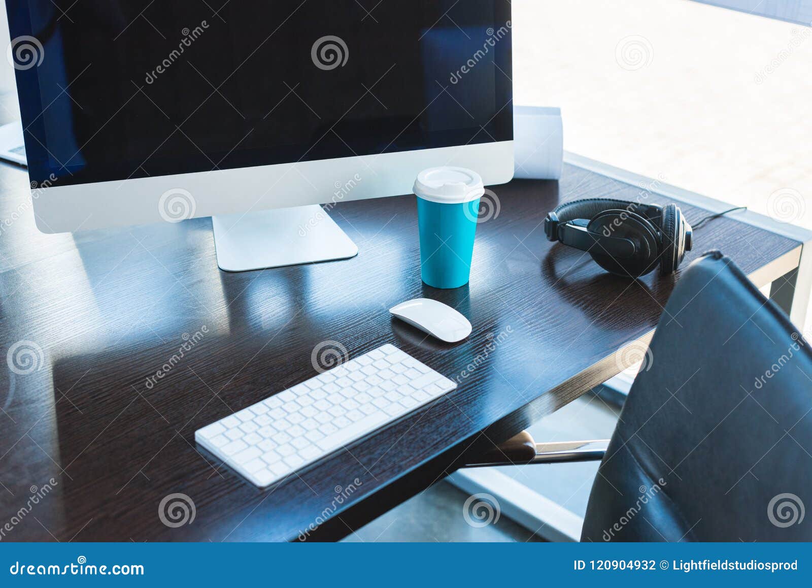 Table with Computer, Keyboard and Cup of Coffee Stock Photo - Image of ...