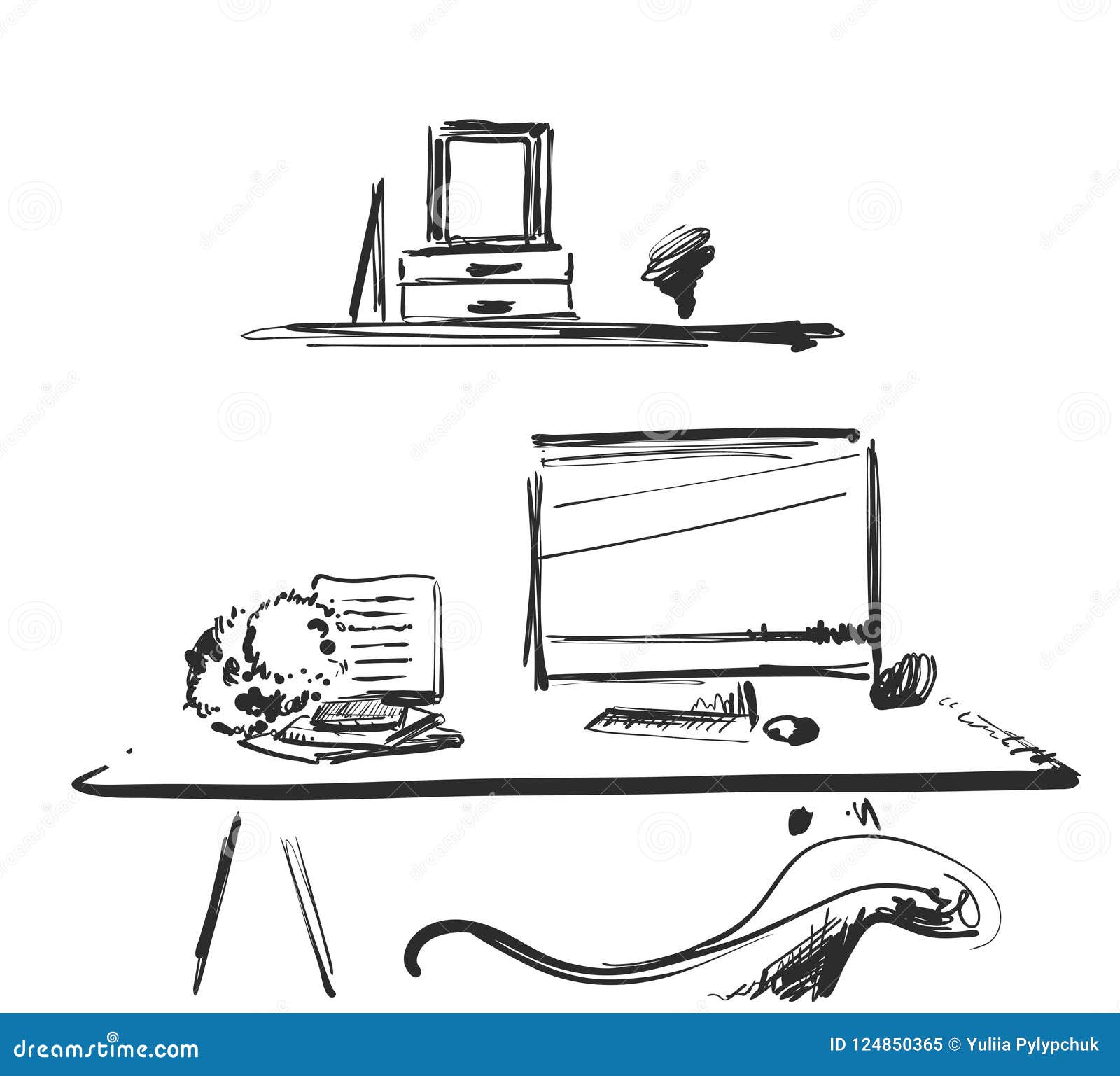 Table with a Computer or Workplace Drawn by Hand Doodle Style. Stock ...