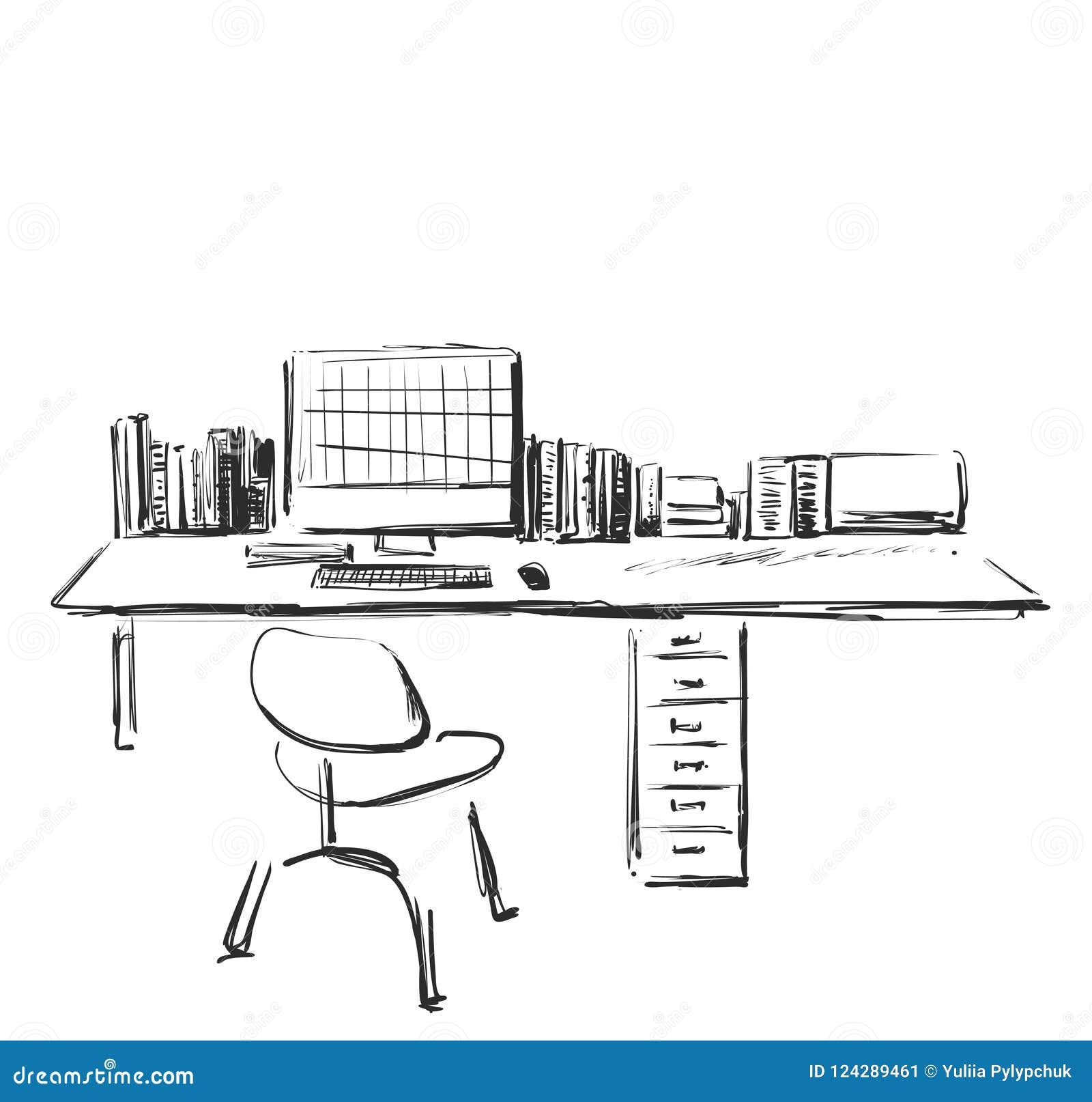Table with a Computer or Workplace Drawn by Hand Doodle Style. Stock ...