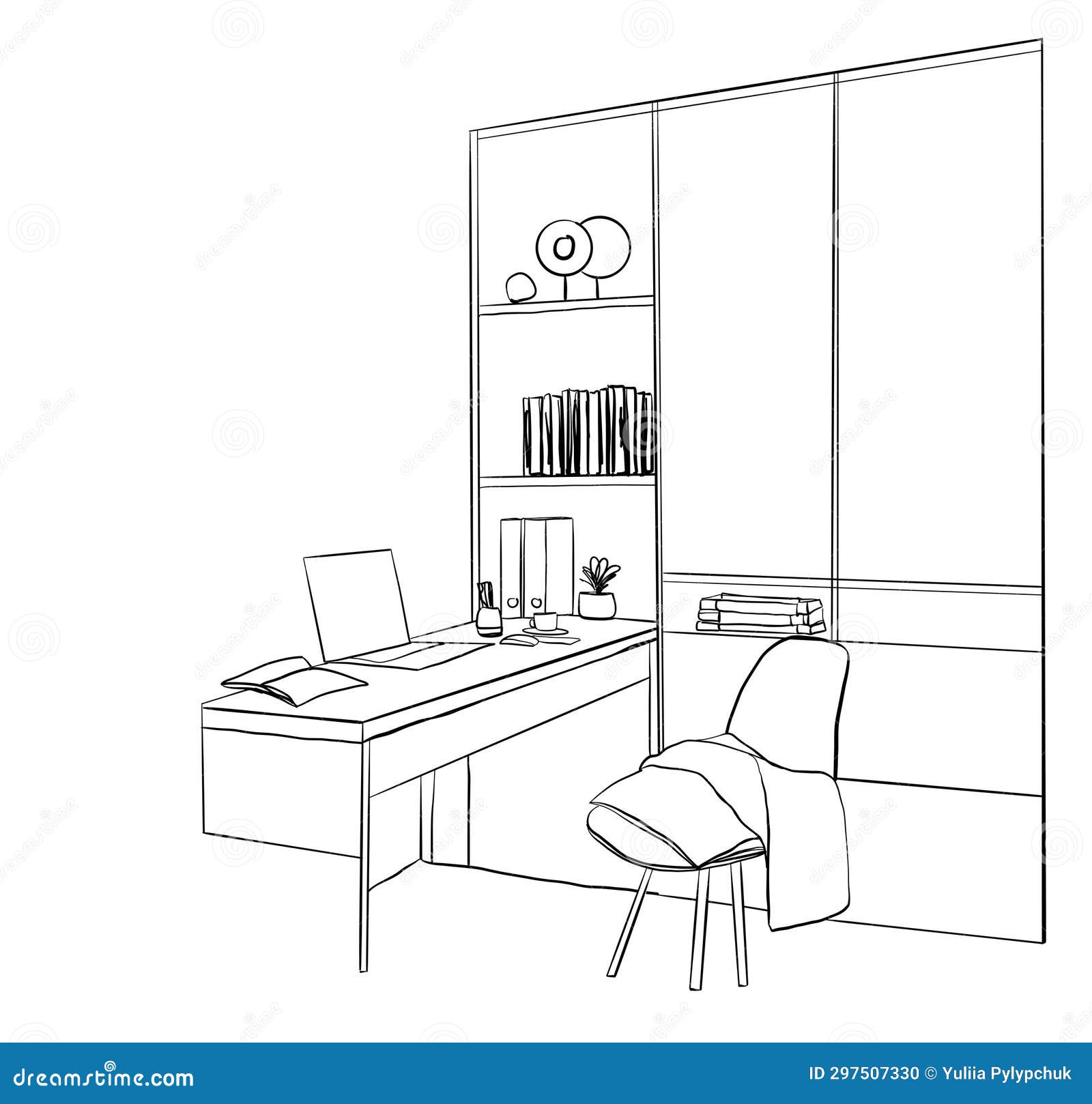 Table with a Computer or Workplace Drawn by Hand Doodle Style. Office ...