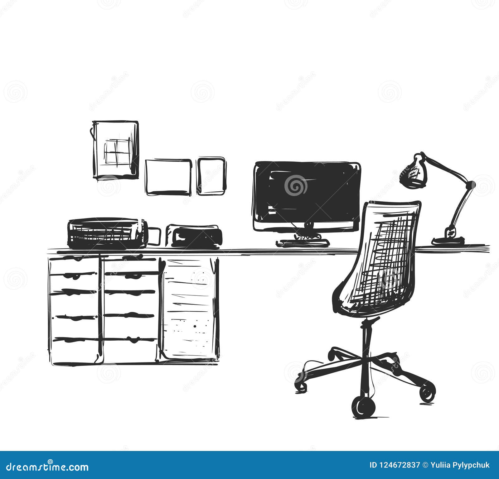 Table with a Computer or Workplace Drawn by Hand Doodle Style. Stock ...