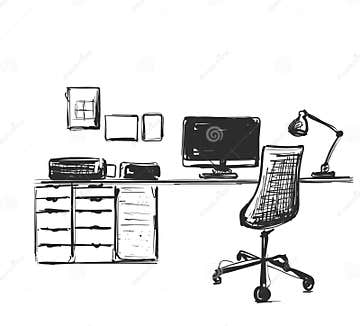 Table with a Computer or Workplace Drawn by Hand Doodle Style. Stock ...