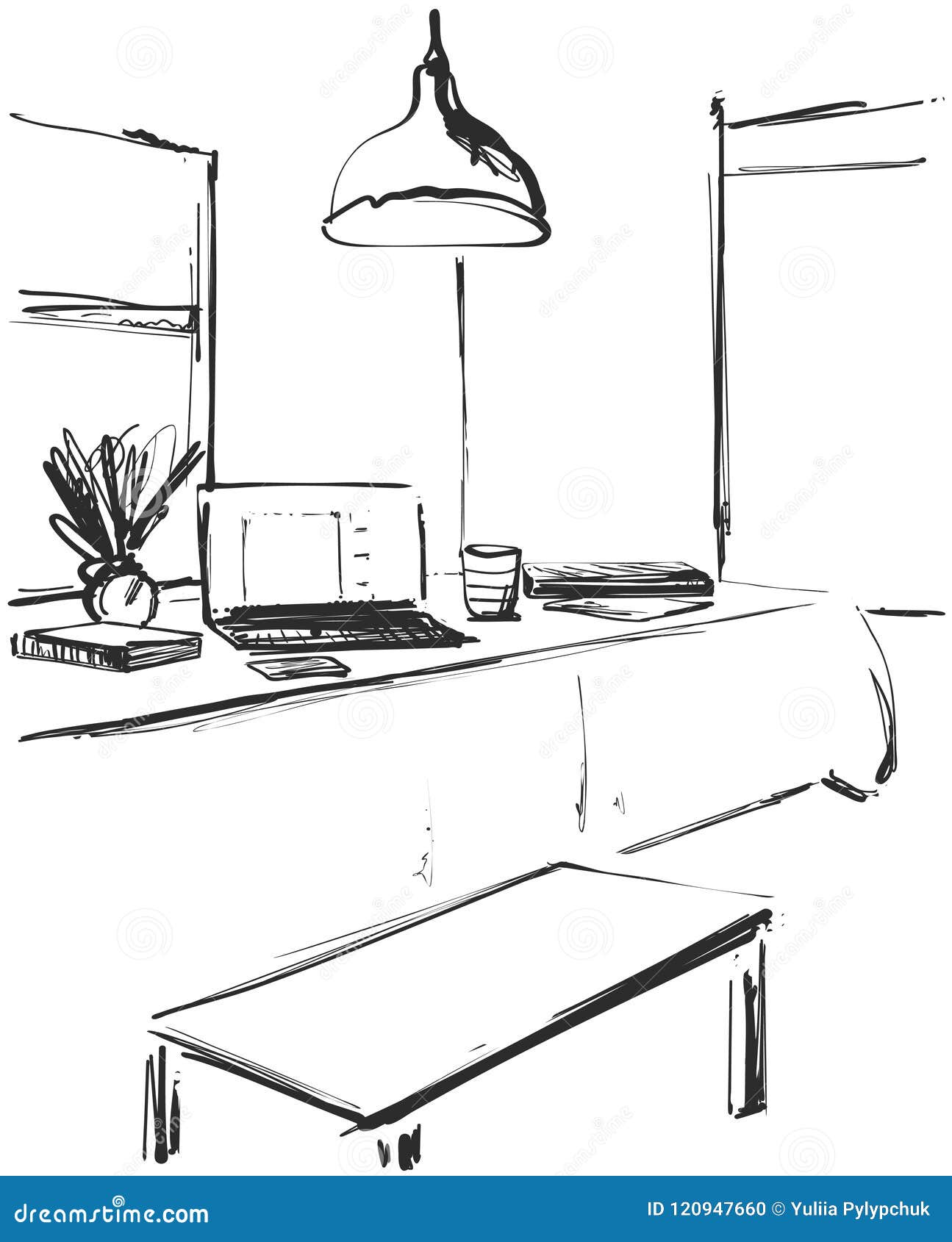 Table with a Computer or Workplace Drawn by Hand Doodle Style. Vector ...