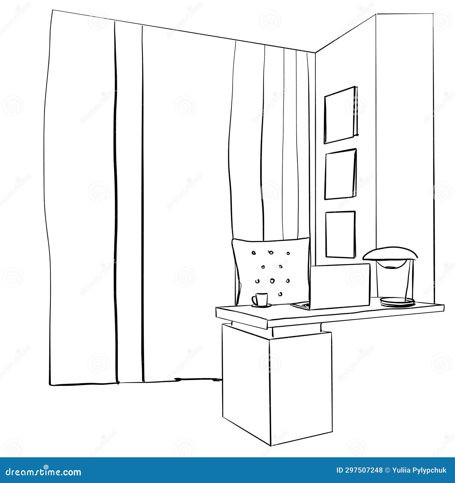 Table with a Computer or Workplace Drawn by Hand Doodle Style. Vector ...