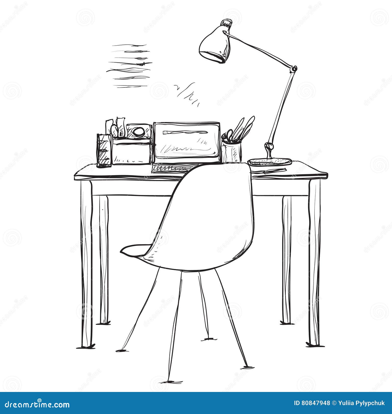 Table with a Computer or Workplace Drawn by Hand Doodle Style. Stock ...