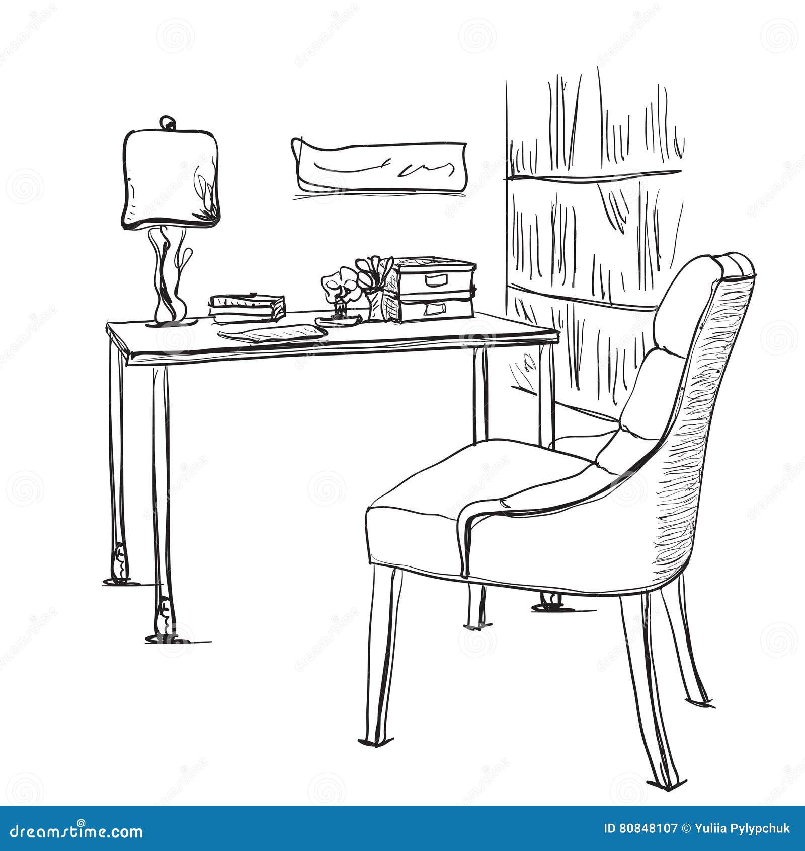 Table with a Computer or Workplace Drawn by Hand Doodle Style. Stock ...