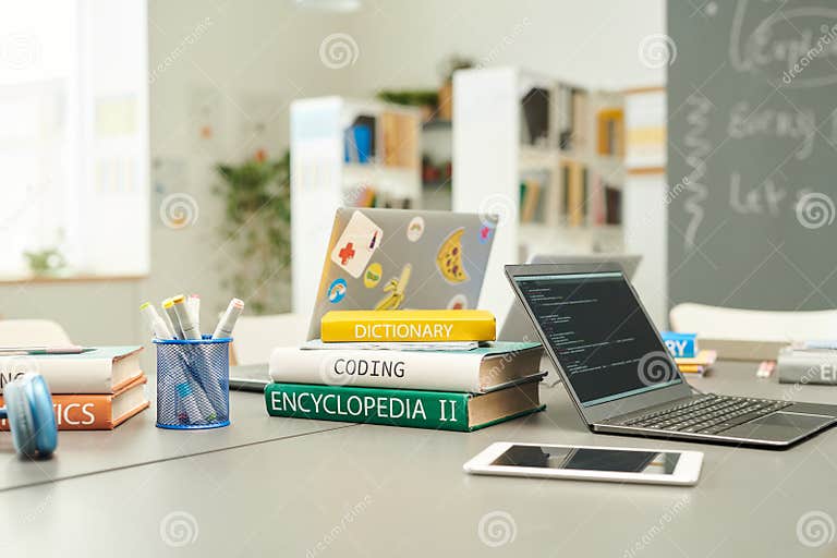 Table with Computers in School Stock Photo - Image of online, education ...