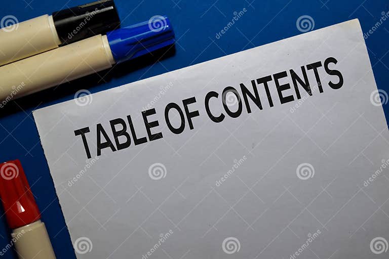 Table of Contents Write on Document Isolated Blue Background Stock ...