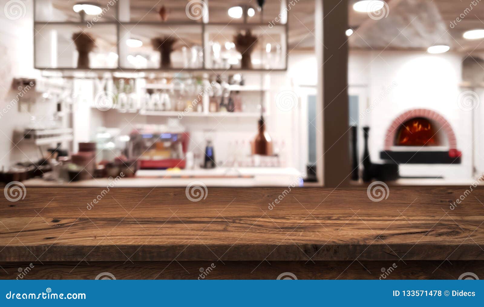 Table Counter on Blurred Interior of Rustic Style Restaurant Kitchen ...