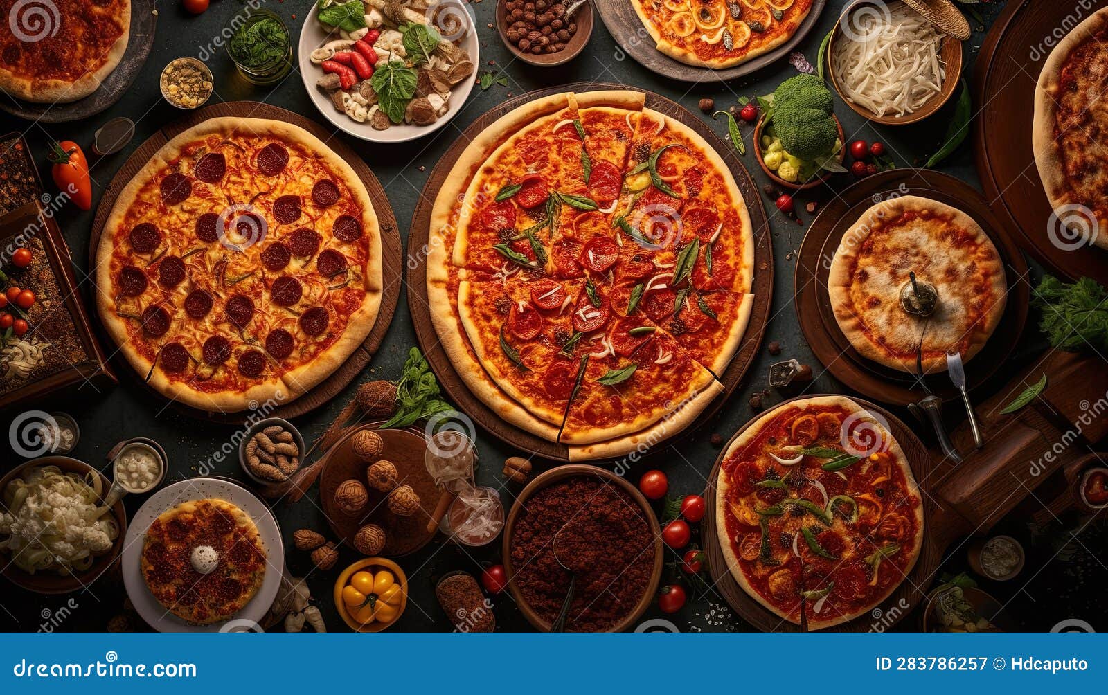 Table Covered with Different Pizzas and Ingredients. Generative Ai ...