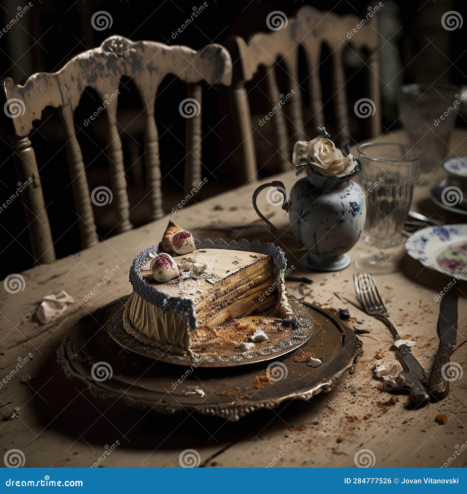 Table Covered in Half - Rotted Wedding Food and Cake, Covered in Dust ...