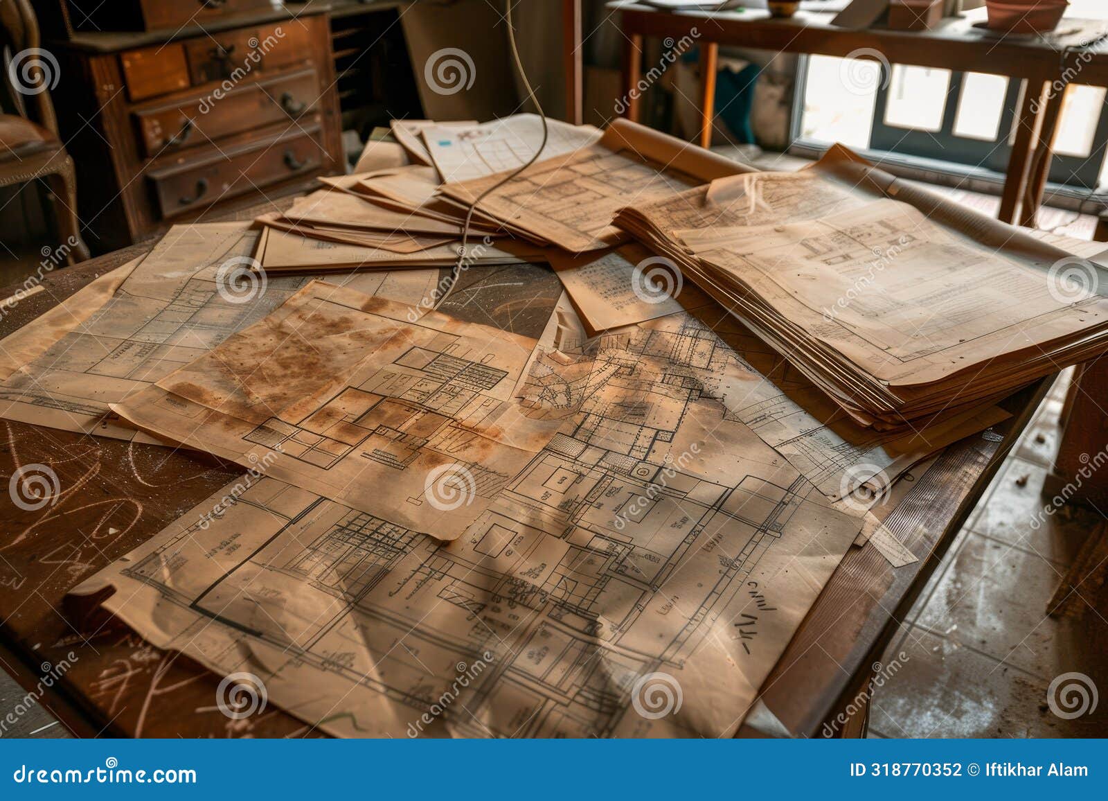 Various Blueprints Scattered Across A Wooden Table In Disarray ...