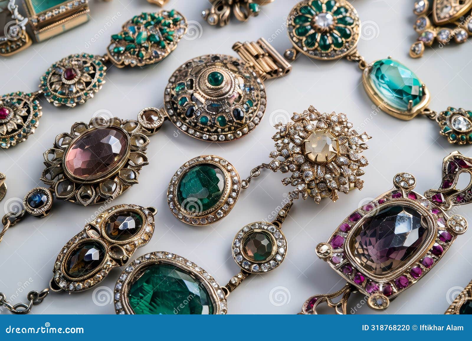 Table Covered with Various Types of Antique Jewelry and Gem-encrusted ...