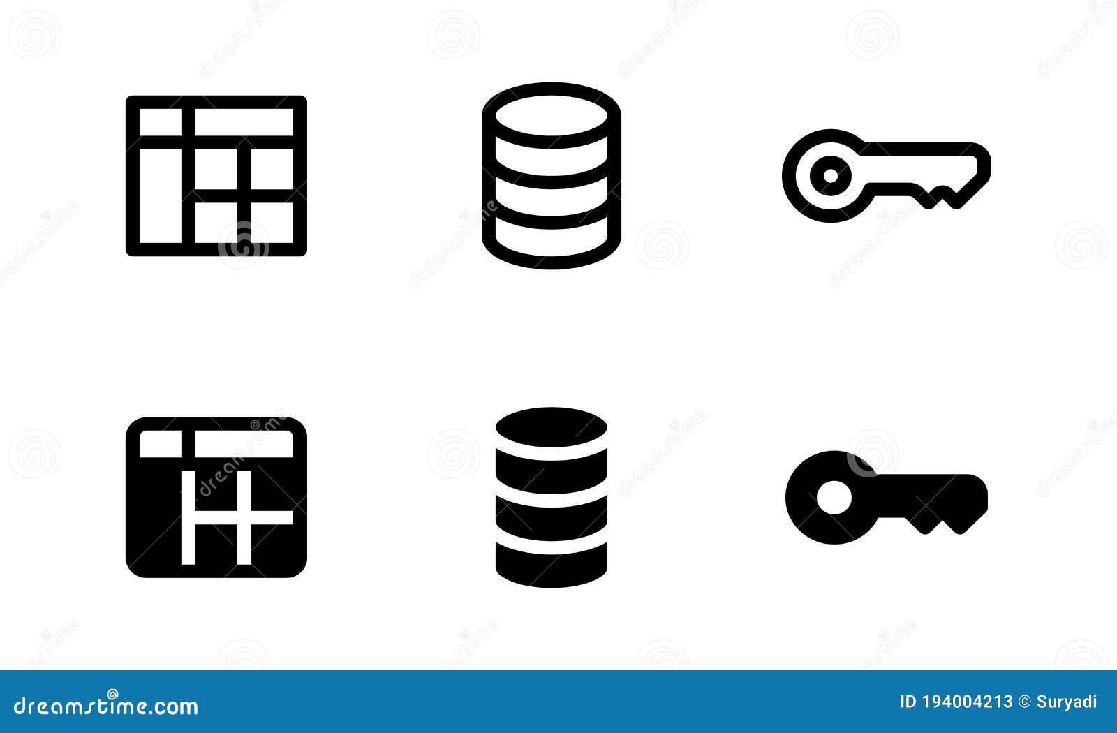 Table, Data, and Key Icons As Common Icons in Databases Stock Vector ...