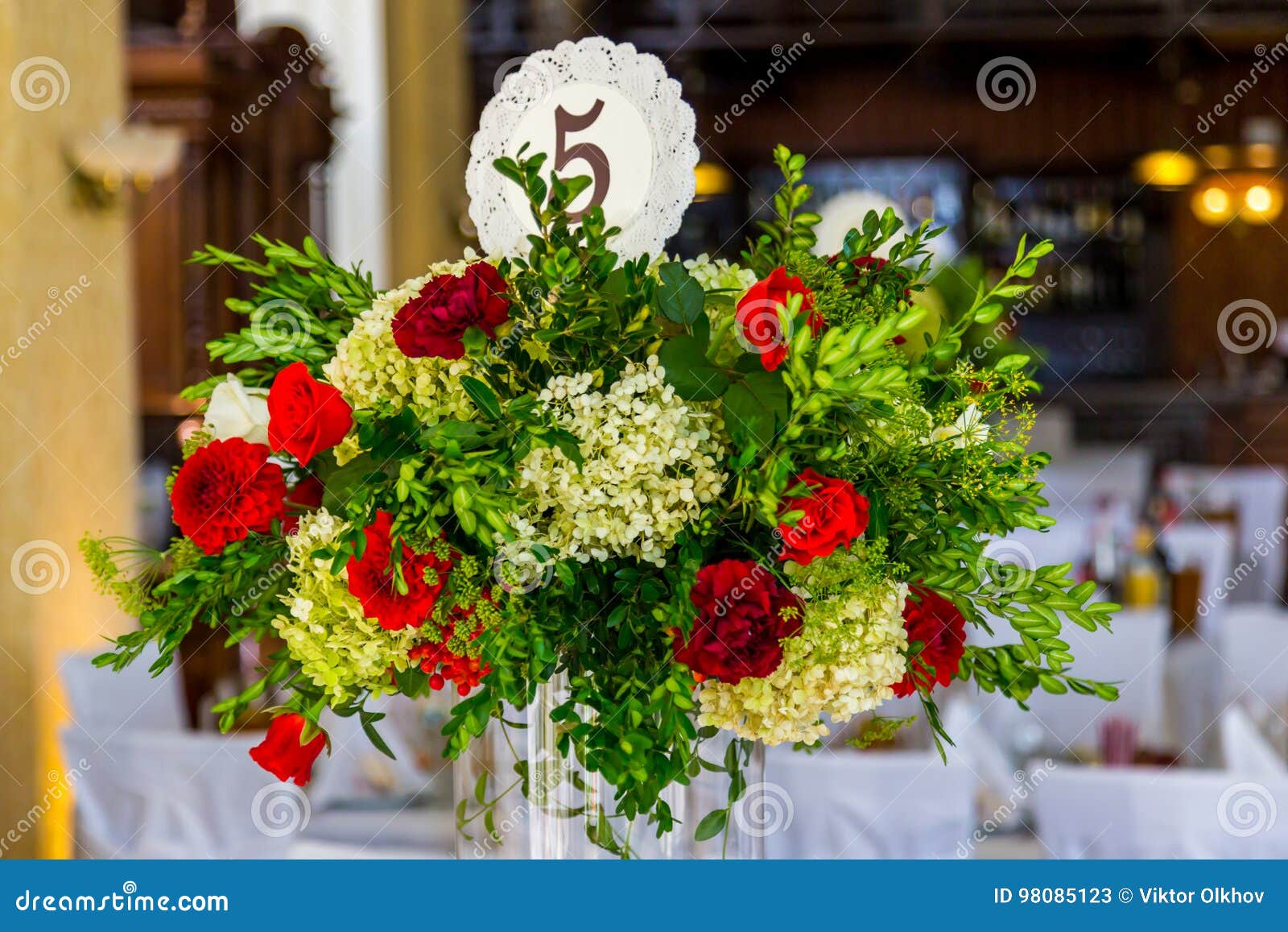 Table Decoration with Flowers. Table Number 5 Stock Image - Image of ...