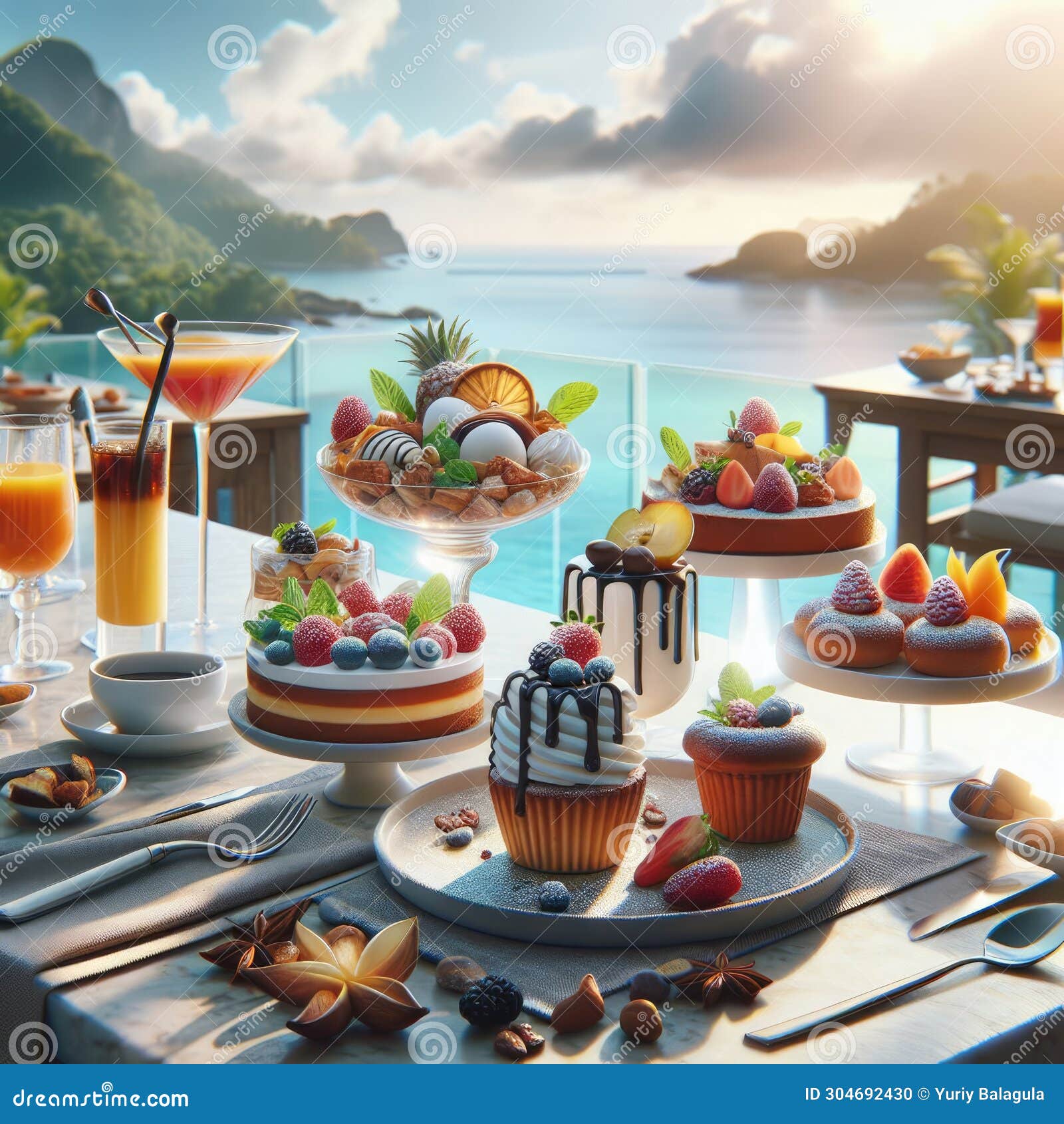 A Table with Desserts and Drinks Stands on the Terrace Overlooking the ...