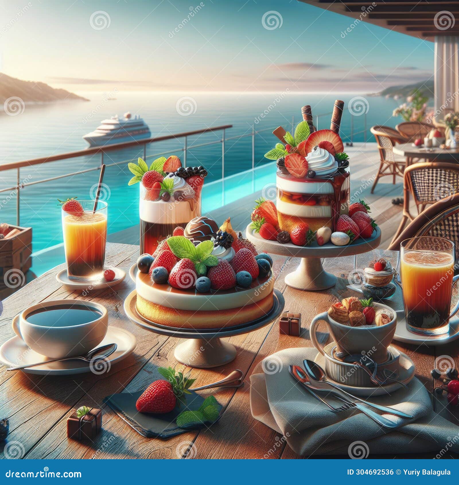 A Table with Desserts and Drinks Stands on the Terrace Overlooking the ...