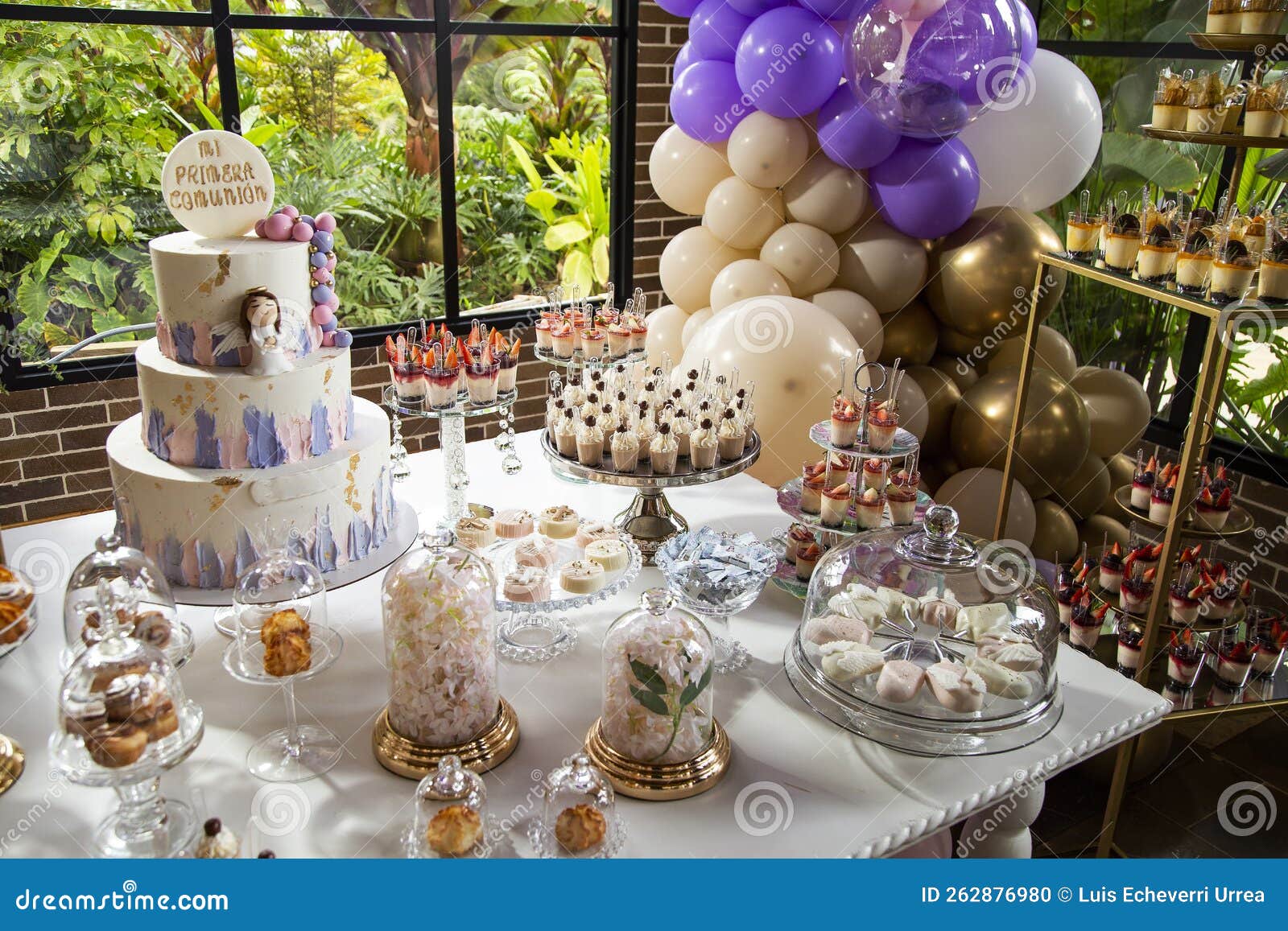 Table of Desserts and Sweets at the First Communion Party Stock Photo ...
