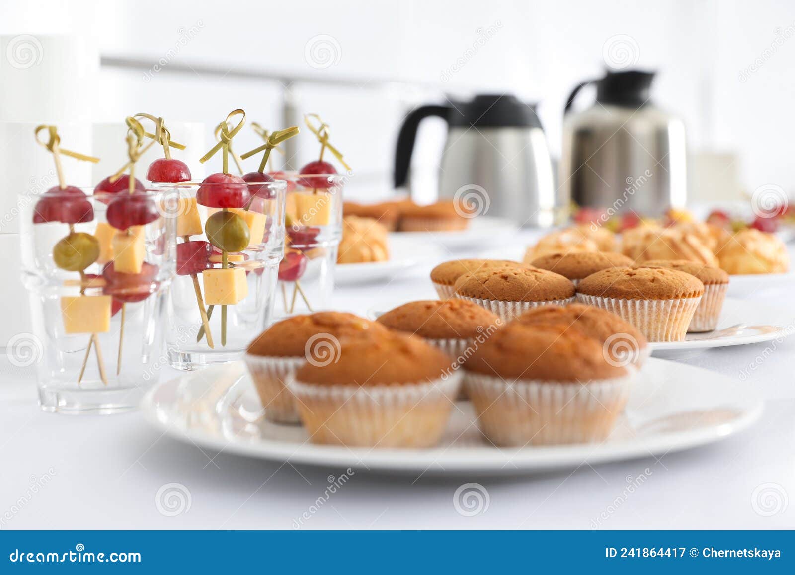 Table with Different Delicious Snacks Indoors. Coffee Break Stock Image ...