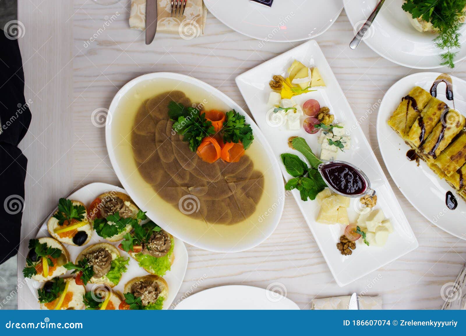 Table with Different Food on it Stock Photo - Image of fresh, appetizer ...