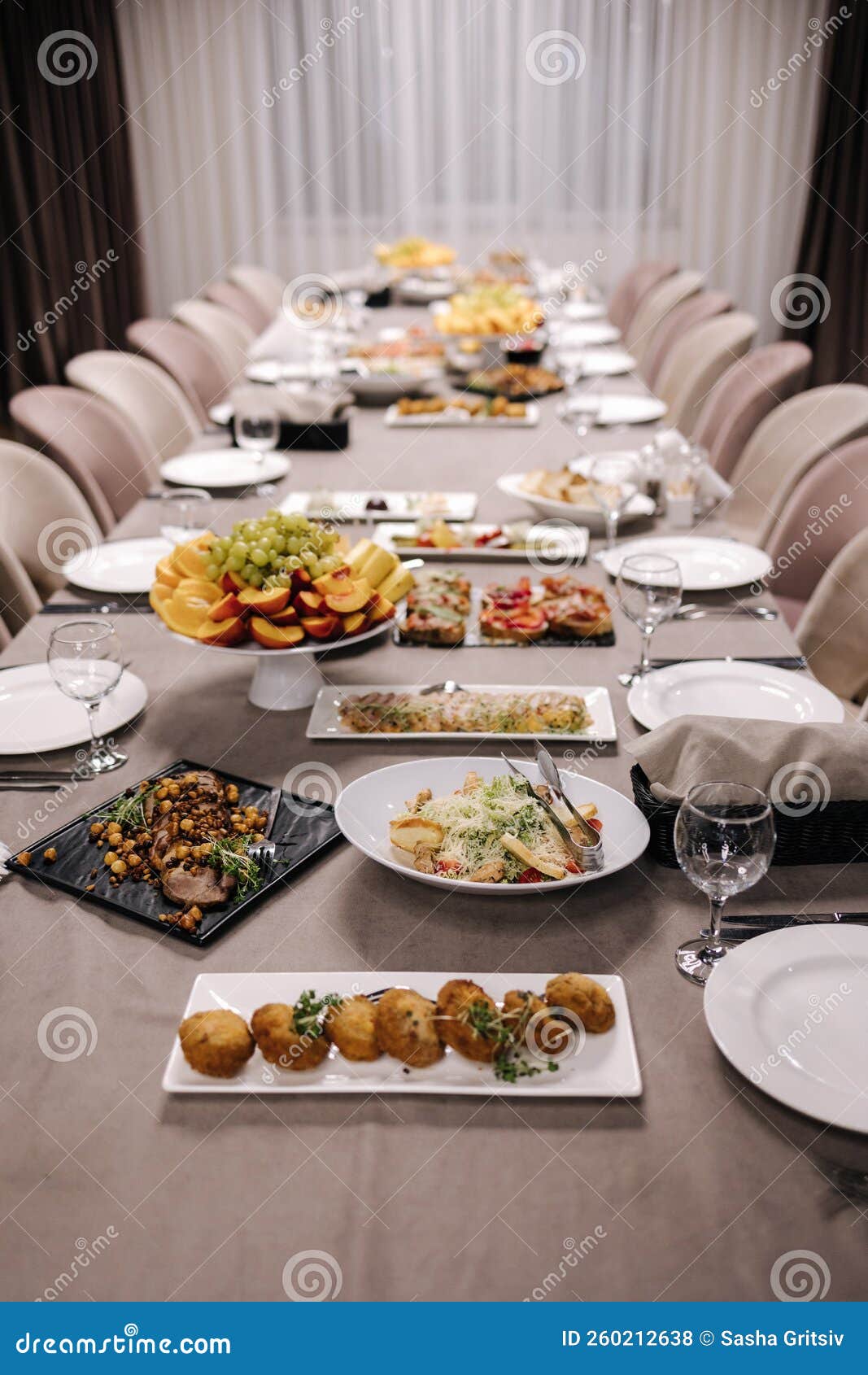 Table with Different Food and Dishes. Celebration in Restaurant Stock ...