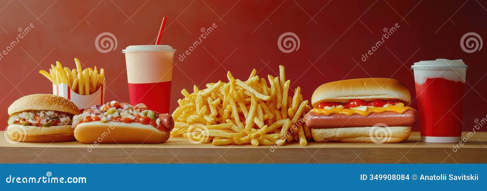 A Table Displays an Array of Fast Food Including Crispy Fries, Colorful ...