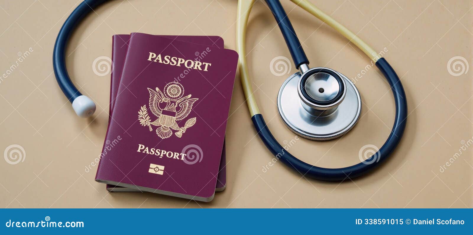 Table Displays Passport and Stethoscope Stock Illustration ...