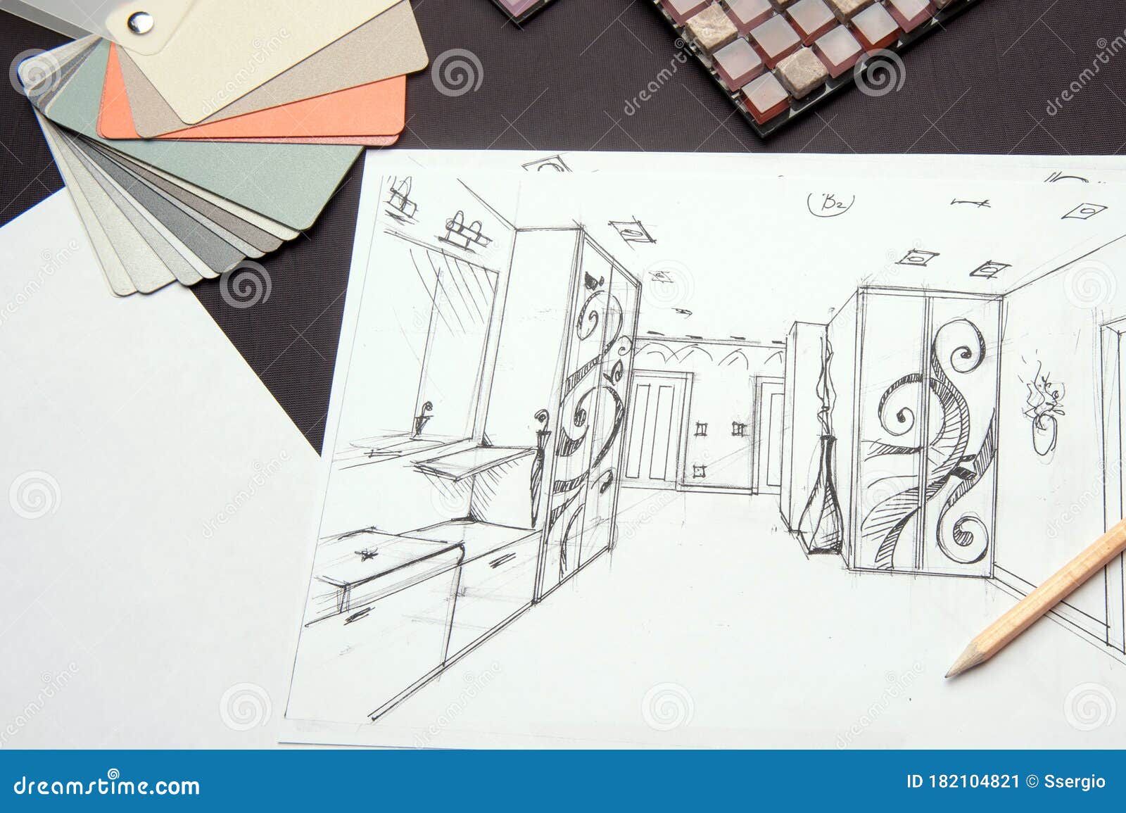 On the Table are a Drawing of Pencil-drawn Design Room Design Stock ...