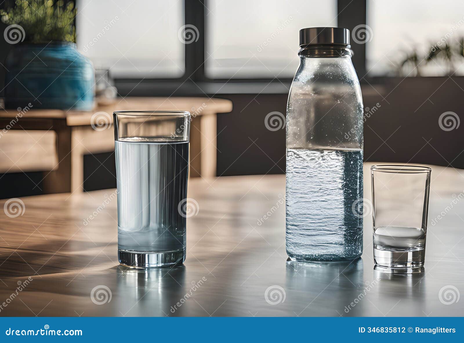 Table Featuring Bottled Water with Indoor Natural Lighting Setup Stock ...