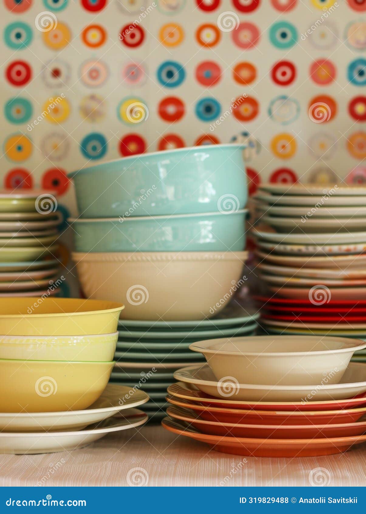 A Table Filled with an Assortment of Plates and Bowls, Showcasing Retro ...