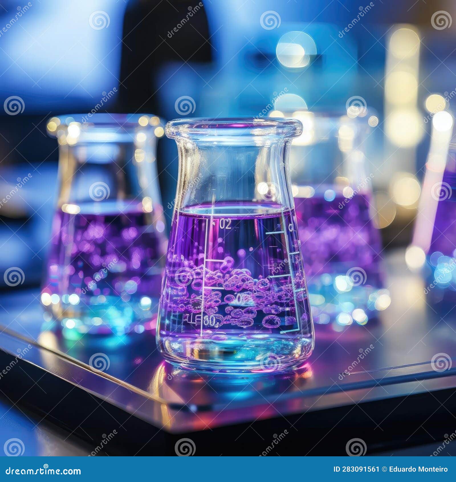 Table Filled with Beakers of Vibrant Purple Liquids Stock Illustration ...