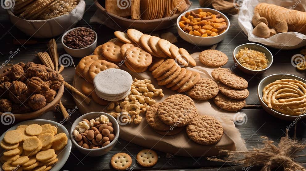 Table Filled with a Variety of Wheat-based Snacks Stock Photo - Image ...
