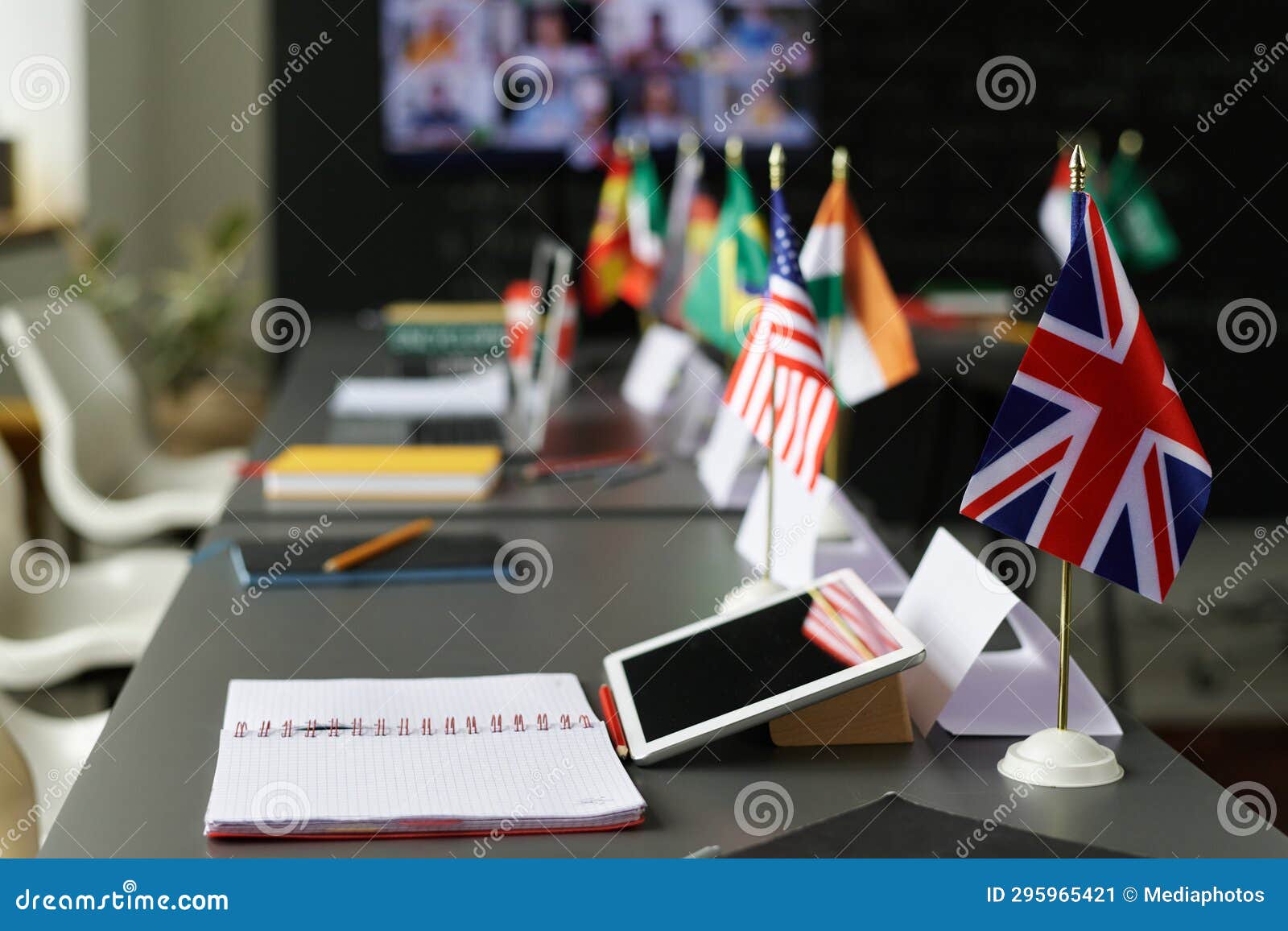 Table with Flags in the Classroom Stock Image - Image of england, flag ...