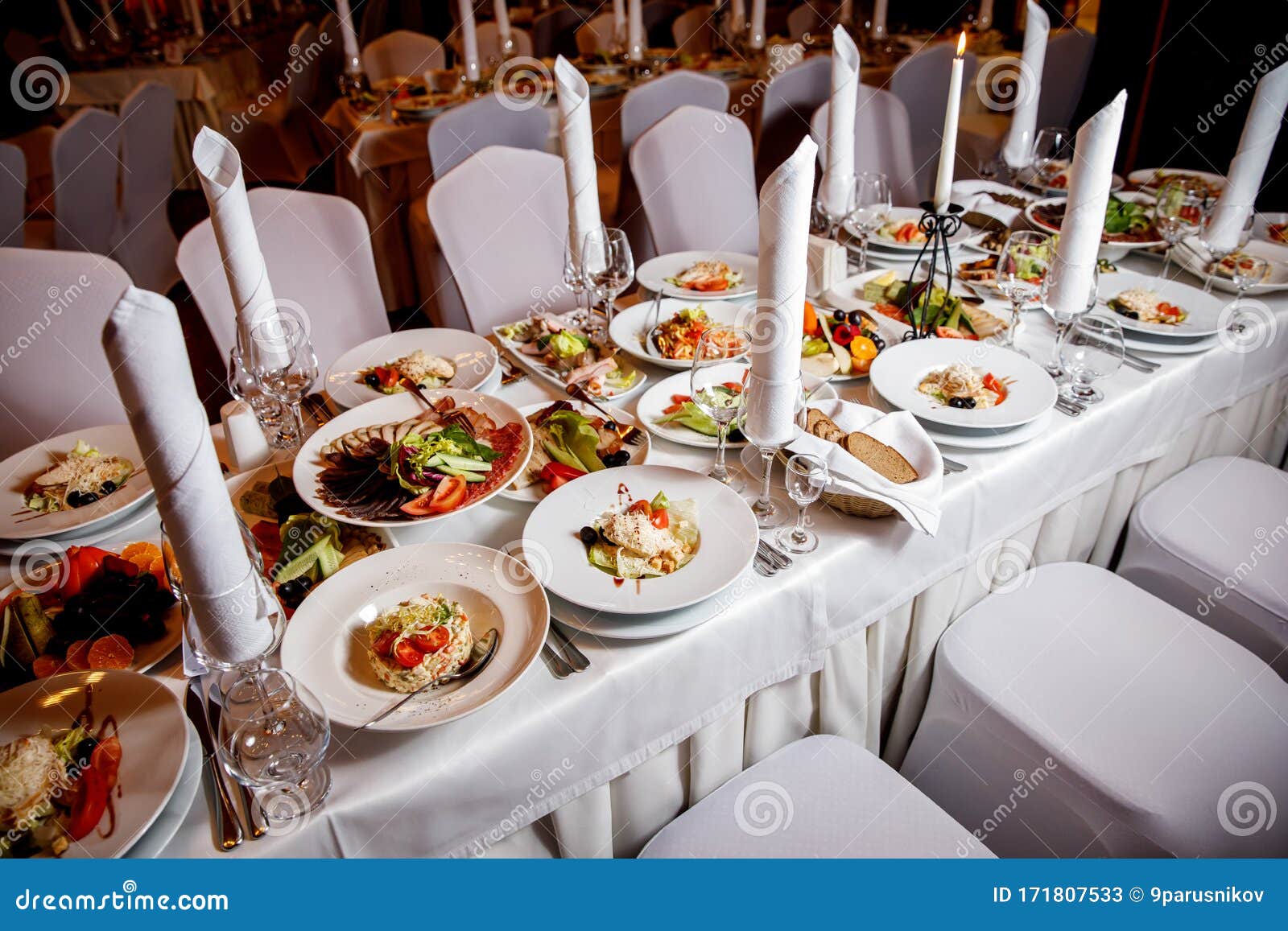 Table with Food before the Banquet. Ready for Guests Hall Stock Image ...